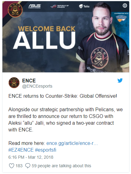 芬兰战队ENCE重回CS:GO，再度签下allu_资讯_360游戏